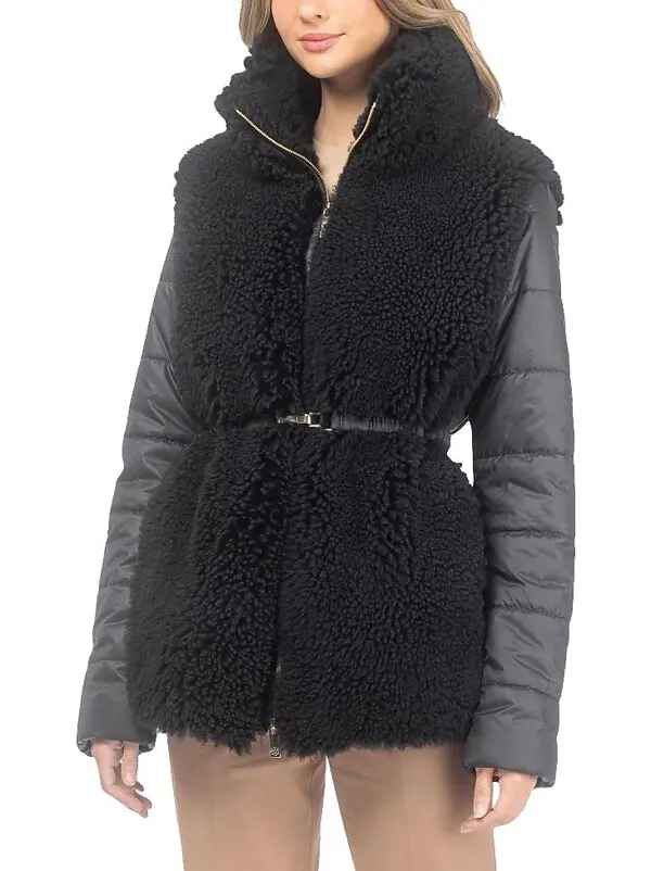 Gorski Curly Shearling And Quilted Sleeve Jacket With Belt - Black