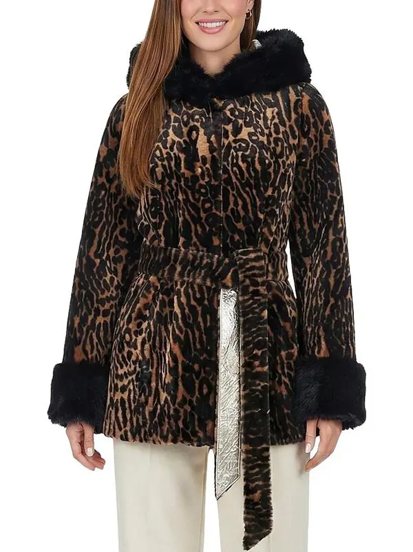 Gorski Reversible Shearling Lamb Jacket With Hood Trim & Cuffs And Belt - Camel Lprd Print