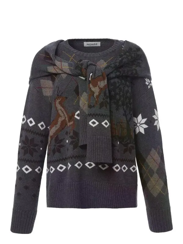 Monse Fair Isle Intarsia Sweater With Scarf Detail - Grey