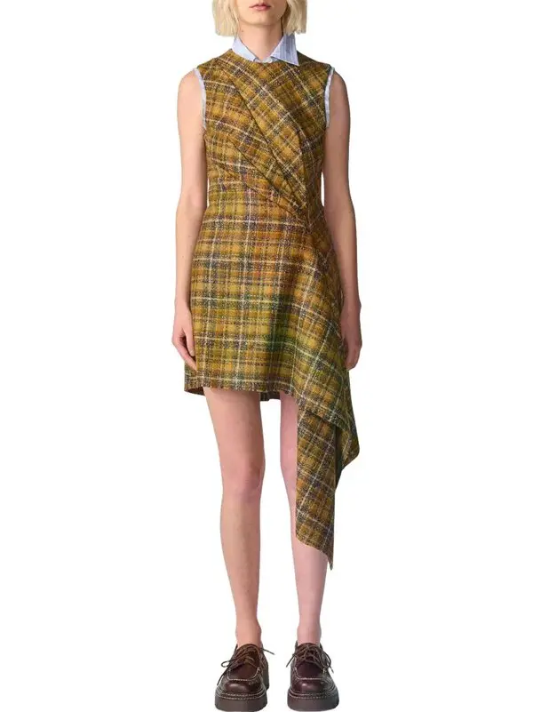 Monse Draped Tartan Tweed Mini Dress - Yellow