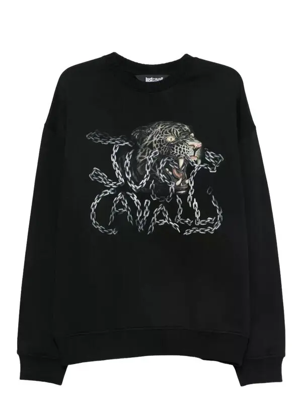 Just Cavalli Leopard Print Logo Detail Crew Neck Sweater - Black