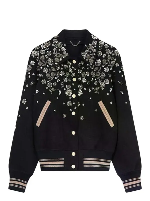 GOLDEN GOOSE Floral Embellished Logo Patch Bomber Jacket - Black