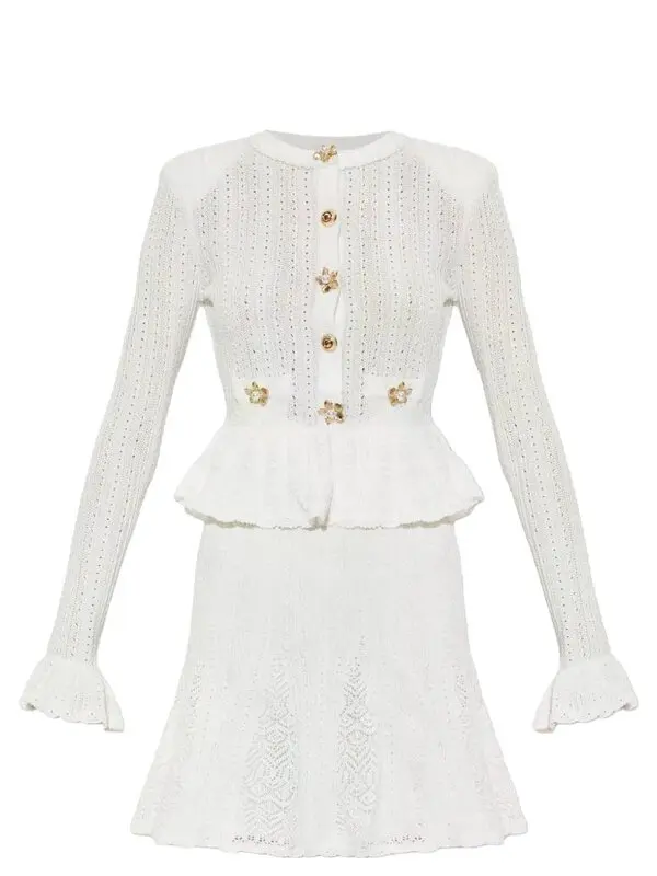 SELF-PORTRAIT Peplum Pointelle-knit Dress - White