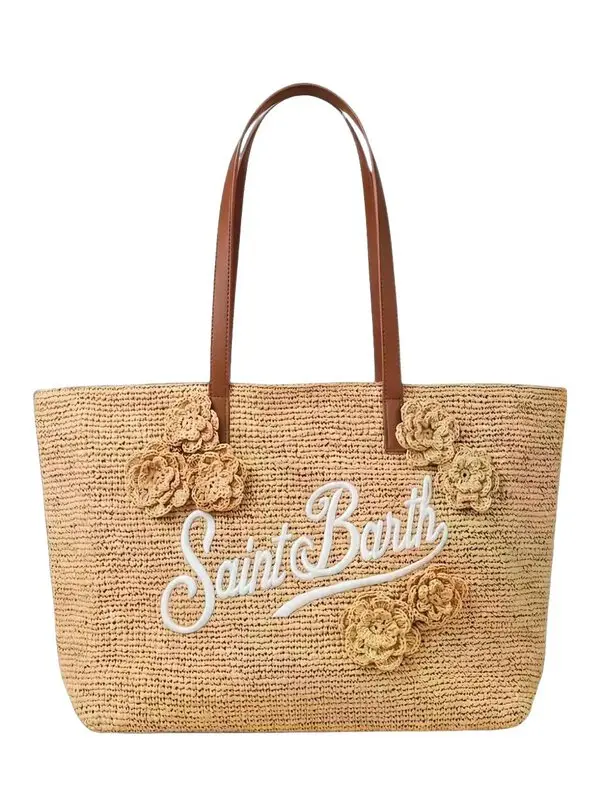 MC2 SAINT BARTH Woven Raffia Floral Appliqué Shoulder Bag - Neutrals