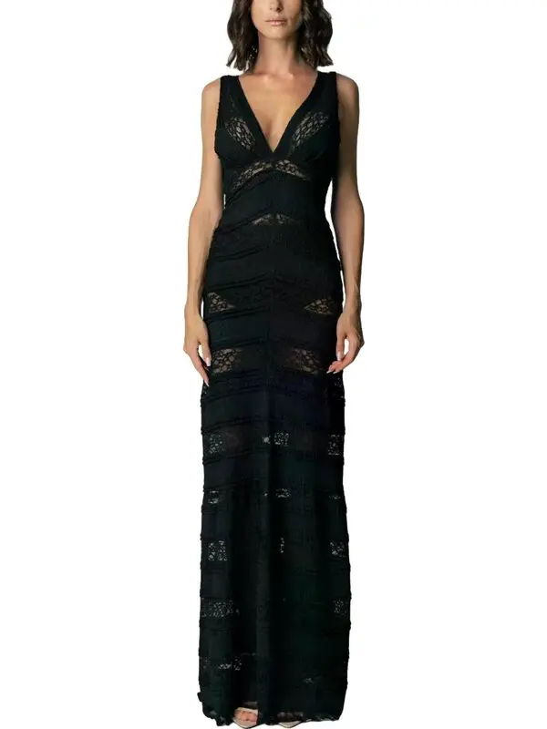 MIAU BY CLARA ROTESCU Lace Paneled Tiered Maxi Dress - Black