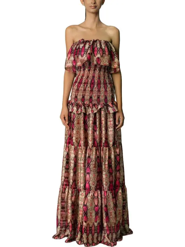 MIAU BY CLARA ROTESCU Strapless Snakeskin Print Tiered Maxi Dress - Neutrals