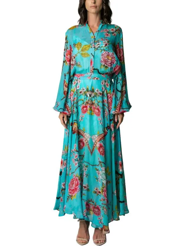 MIAU BY CLARA ROTESCU Floral Print Silk Midi Dress - Blue
