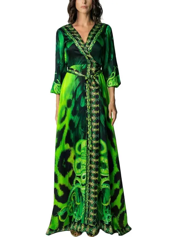 MIAU BY CLARA ROTESCU Snake Print Wrap Maxi Dress - Green