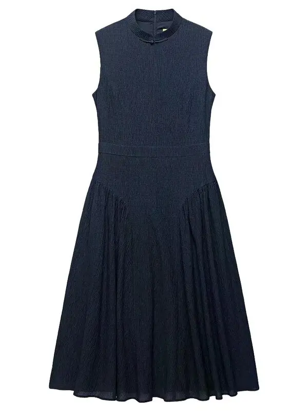 Shanghai Tang Meridien Seersucker Midi Dress - Blue