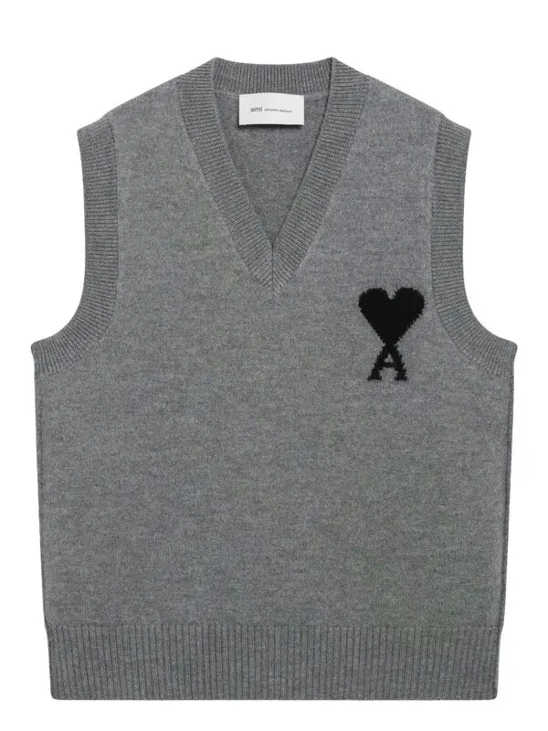 AMI Paris De Coeur Monogram V-neck Sleeveless Sweater - Grey
