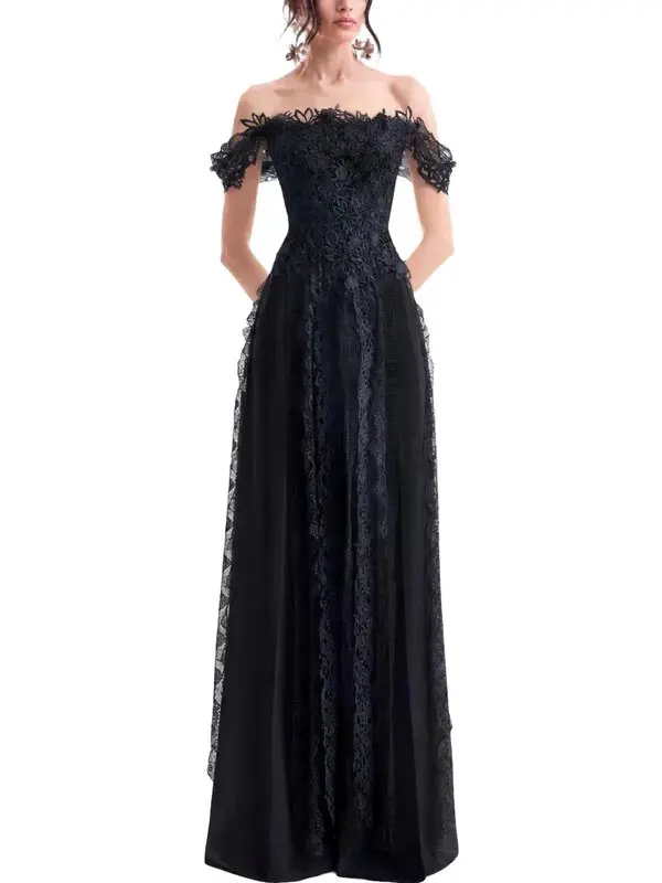 GEMY MAALOUF Lace Embroidered Off-shoulder Maxi Dress - Black