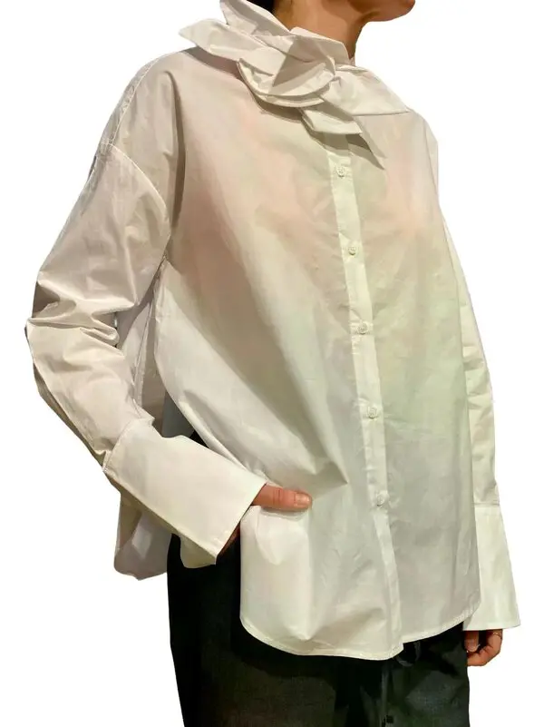PSOPHIA Mandarin Collar Shirt With Removable Floral Applique - White