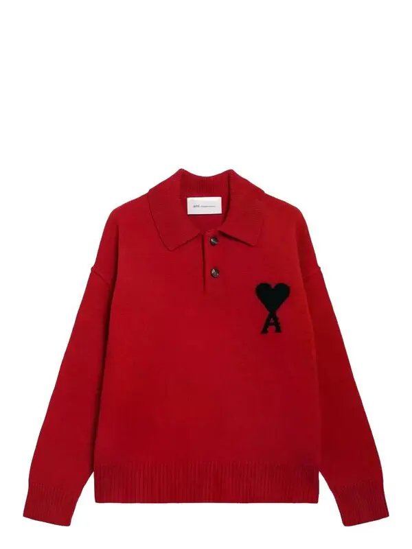 AMI Paris Wool Polo Top With De Coeur Motif - Red