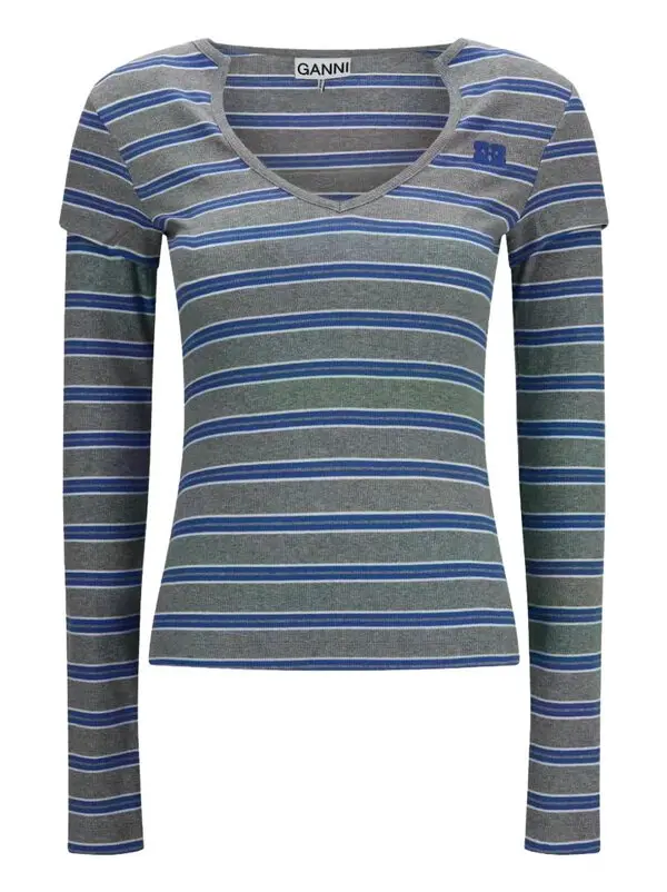 GANNI Striped Ribbed Knit V-neck Long Sleeve T-shirt - Grey