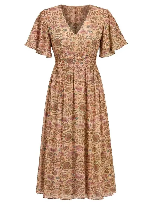 MAISON123 Floral Print Flutter-sleeve Midi Dress - Neutrals