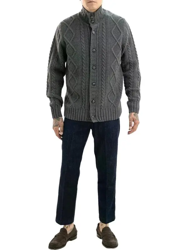 BARBA NAPOLI Cable Knit Diamond Pattern High Neck Cardigan - Grey