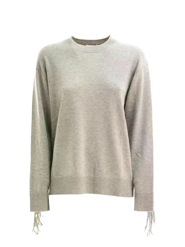 P.a.r.o.s.h Taupe Beige Crew Neck Sweater With Fringe Detailing - Neutrals