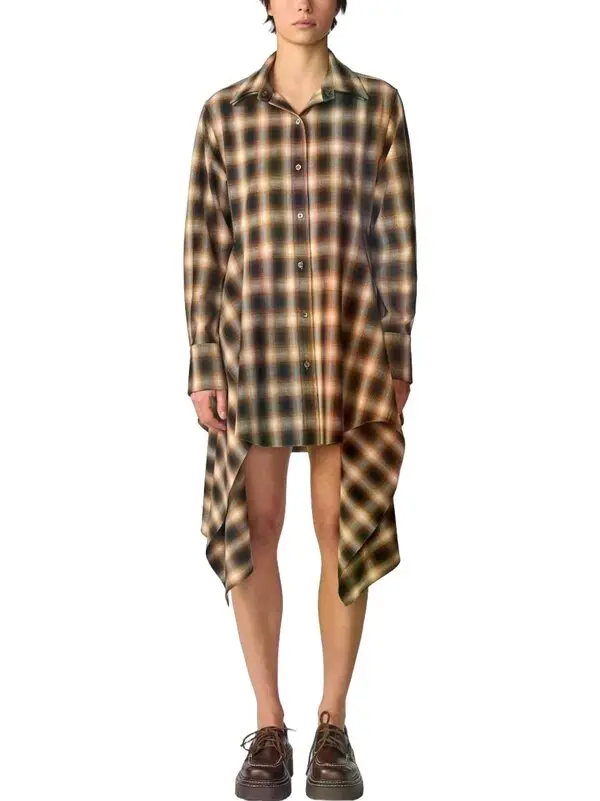 Monse Plaid Asymmetric Draped Shirt Mini Dress - Brown