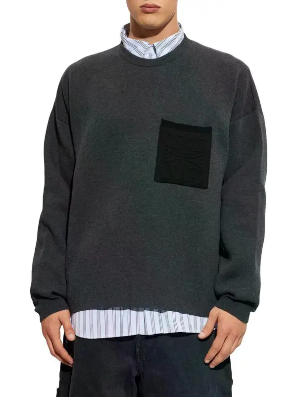 Loewe Anagram-patch Cotton Crew Neck Sweater - Grey