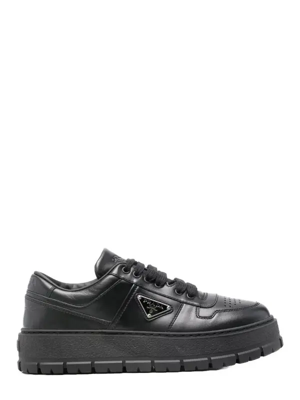Prada Logo Plaque Leather Sneakers - Black