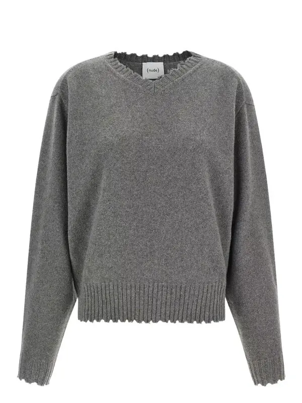 NUDE Cashmere Mélange V-neck Sweater With Frayed Edges - Grey