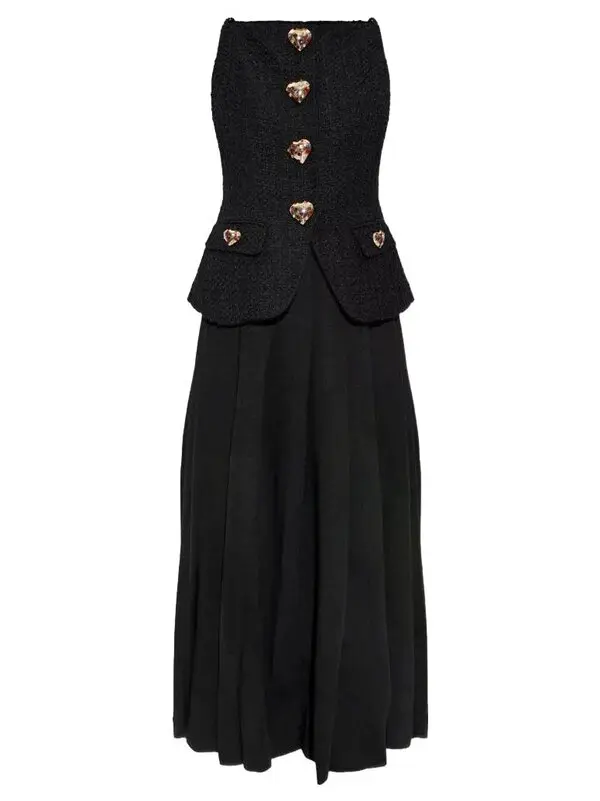 SELF-PORTRAIT Bouclé Pleated Dress With Heart Buttons - Black