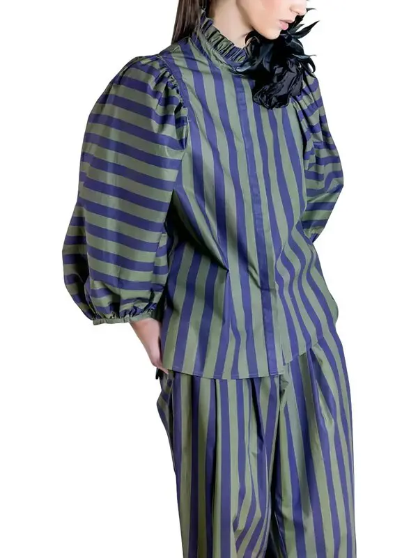 PSOPHIA Striped Balloon Sleeve Blouse - Green