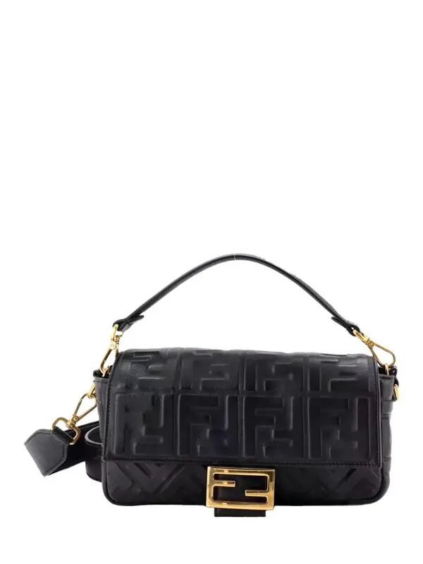 Fendi Baguette Nm Bag Zucca Embossed Leather Medium Crossbody Bag - Black