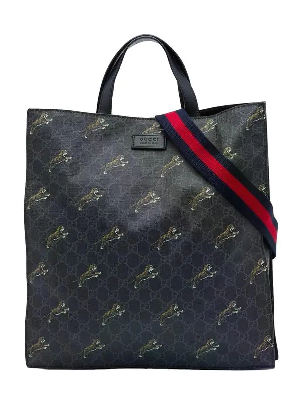 Gucci Gg Supreme Tiger Convertible Soft Tote Satchel - Black