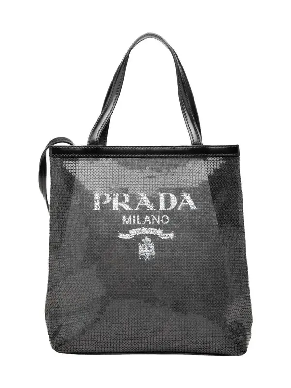 Prada Small Sequined Mesh Logo Open Tote Bag - Black