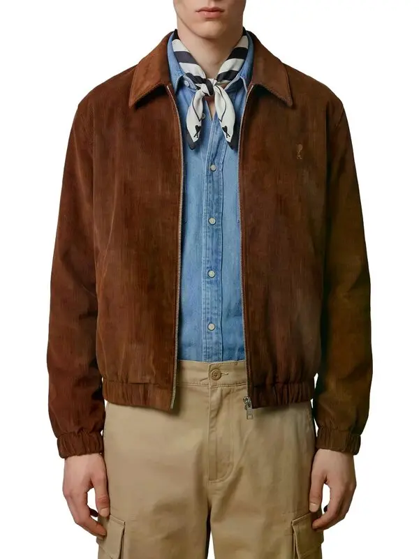 AMI Paris Corduroy Cotton Padded Jacket With De Coeur Embroidery - Brown