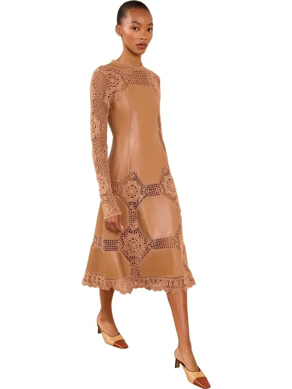 Ulla Johnson Emi Long Sleeve Crochet And Leather Midi Dress - Camel