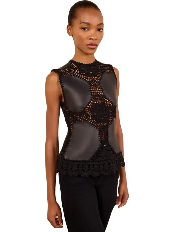 Ulla Johnson Livia Sleeveless Crochet & Leather Top - Noir