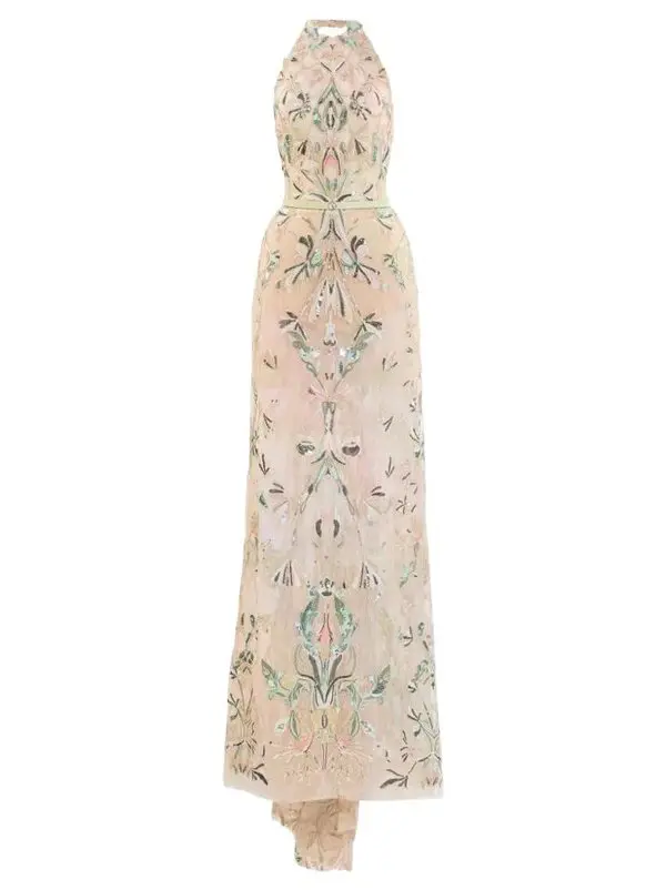 SAIID KOBEISY Embroidered Halter-neck Lace Maxi Dress - Neutrals