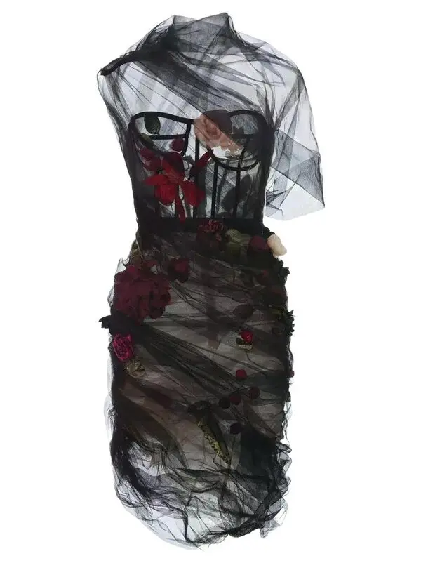 Monse Floral Appliqué Corset Midi Dress - Black