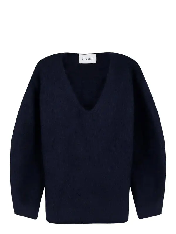 Soft Goat Cashmere V-neck Sweater With Puff Sleeves - Blue