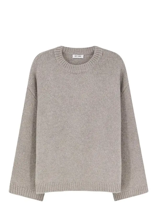 Soft Goat Cashmere Ribbed Crewneck Sweater With Side Slits - Grey