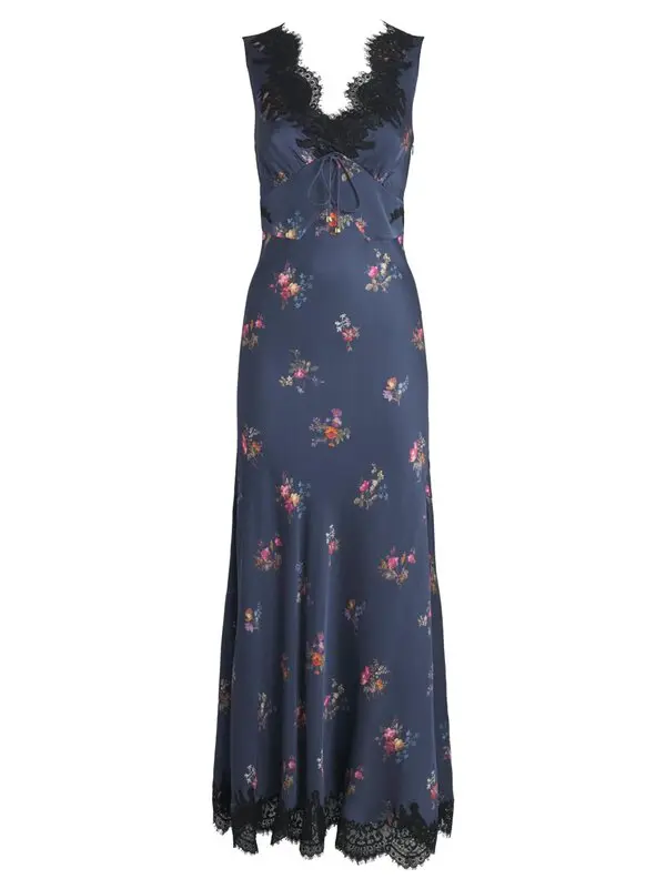 SELF-PORTRAIT Floral Lace Trimmed Midi Dress - Navy