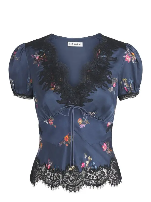 SELF-PORTRAIT Floral Satin Lace V-neck Blouse - Navy