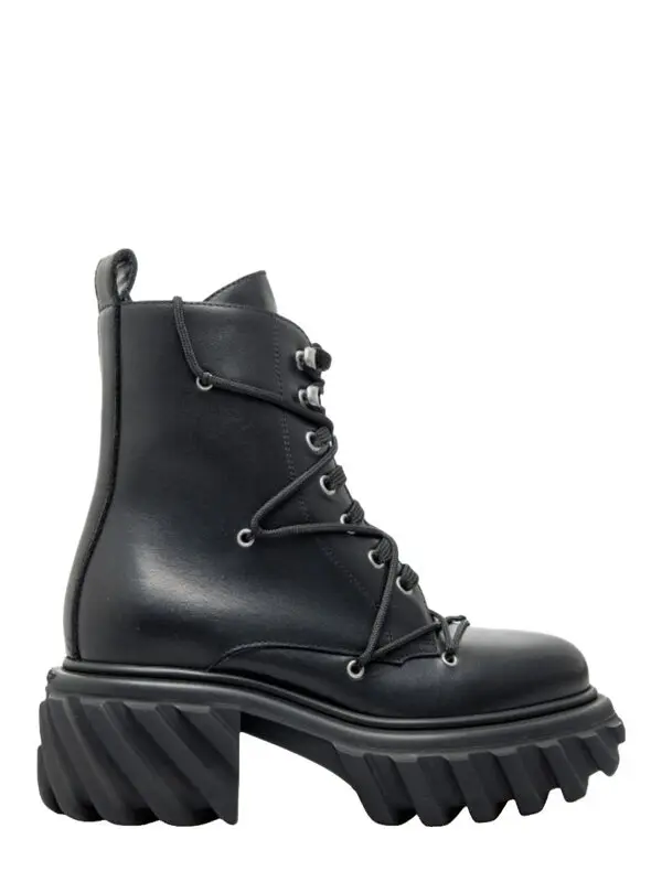 Off-White Round Toe Lace-up Boots - Black