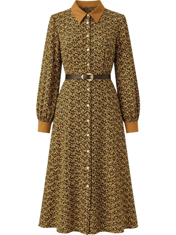 EXQUISE Printed Midi Dress With Belt - Brown