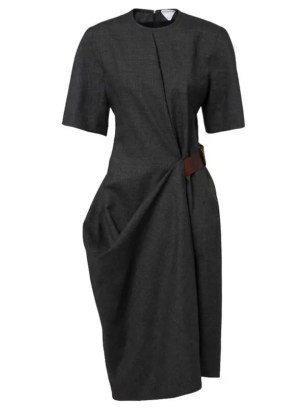 Bottega Veneta Belted Wool Midi Dress In Ardoise Melange - Grey