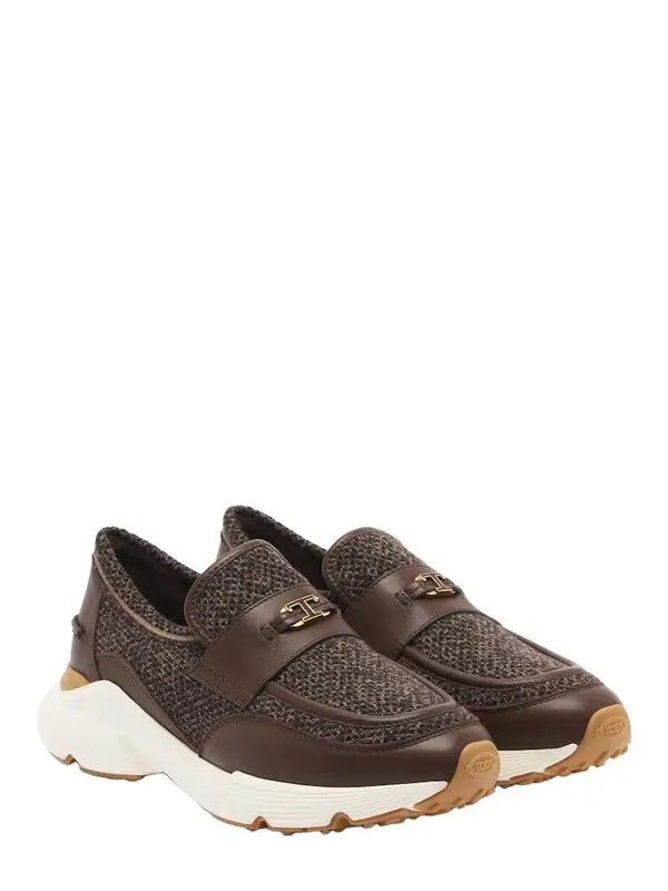 TOD'S Leather-trimmed Knitted Slip-on Shoes - Brown