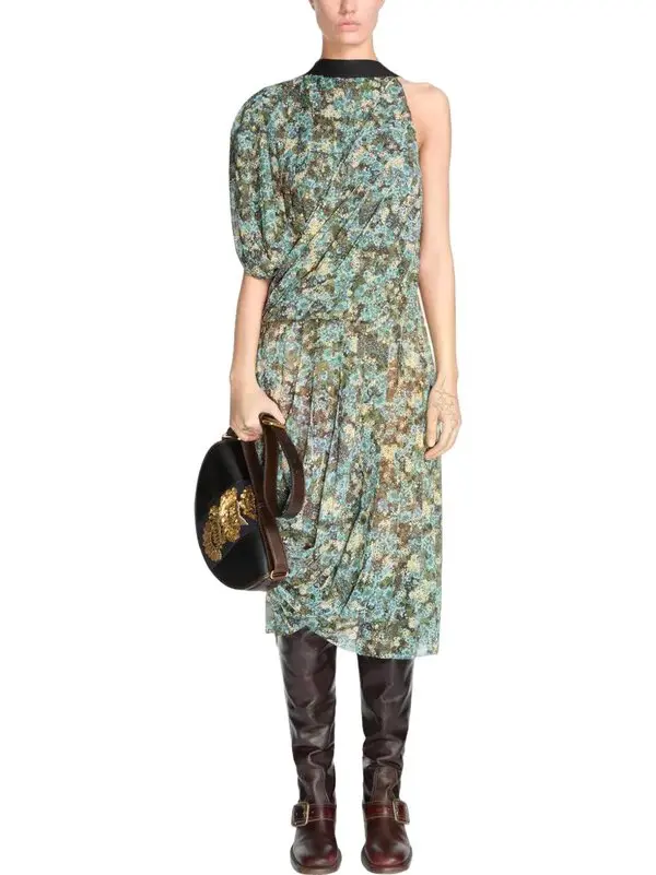 Dries Van Noten Asymmetrical Floral Chiffon Dress - Blue