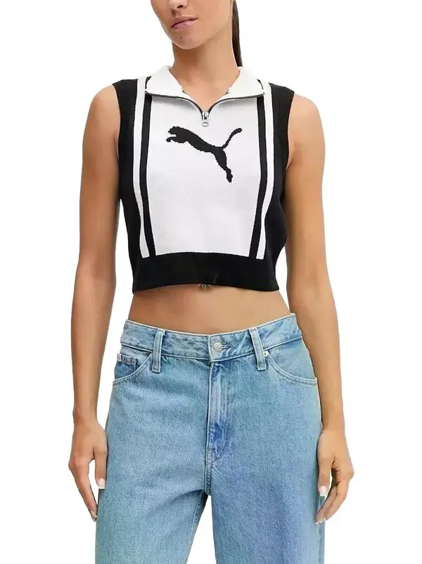 PUMA Logo Intarsia Quarter-zip Cropped Tank Top - White
