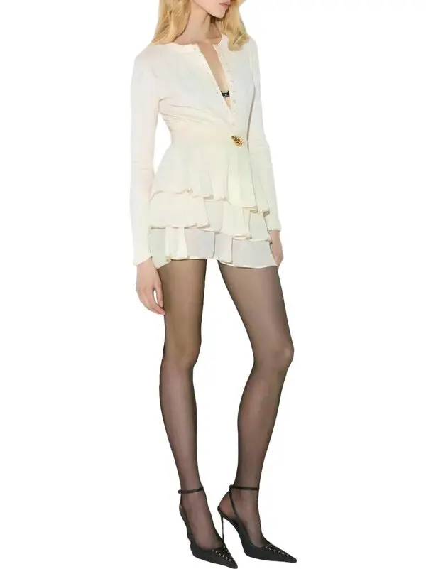Elisabetta Franchi Georgette Skirt With Ruffles And Feather Brooch - Neutrals