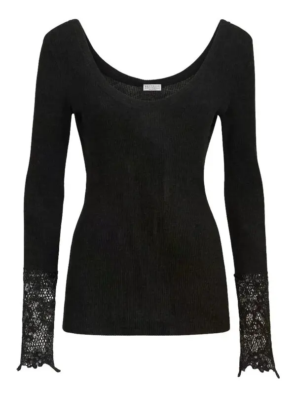 Brunello Cucinelli Ribbed Wool Jersey Sweater With Lace-embroidered Cuffs - Black