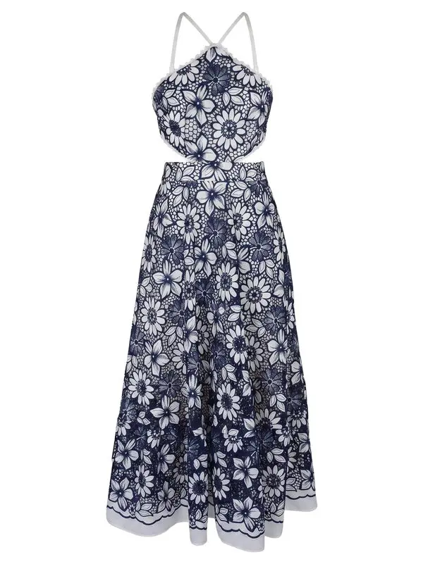 MODENAIRE Halterneck Midi Dress With Vintage Embroidery And Cutout Waist - Blue