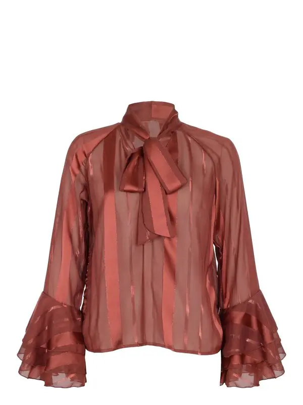 MODENAIRE Sheer Blouse With Tie Neck And Bell Sleeves - Red