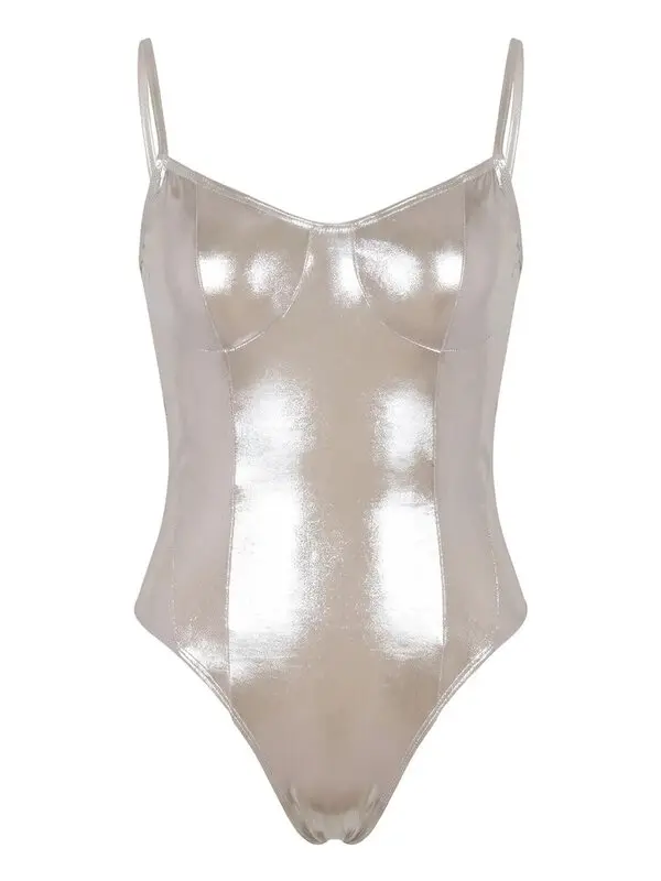 MODENAIRE Metallic Sculpted Strap Bodysuit - Silver